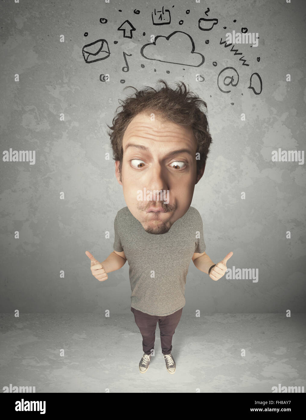 Big head person with social media marks Stock Photo - Alamy