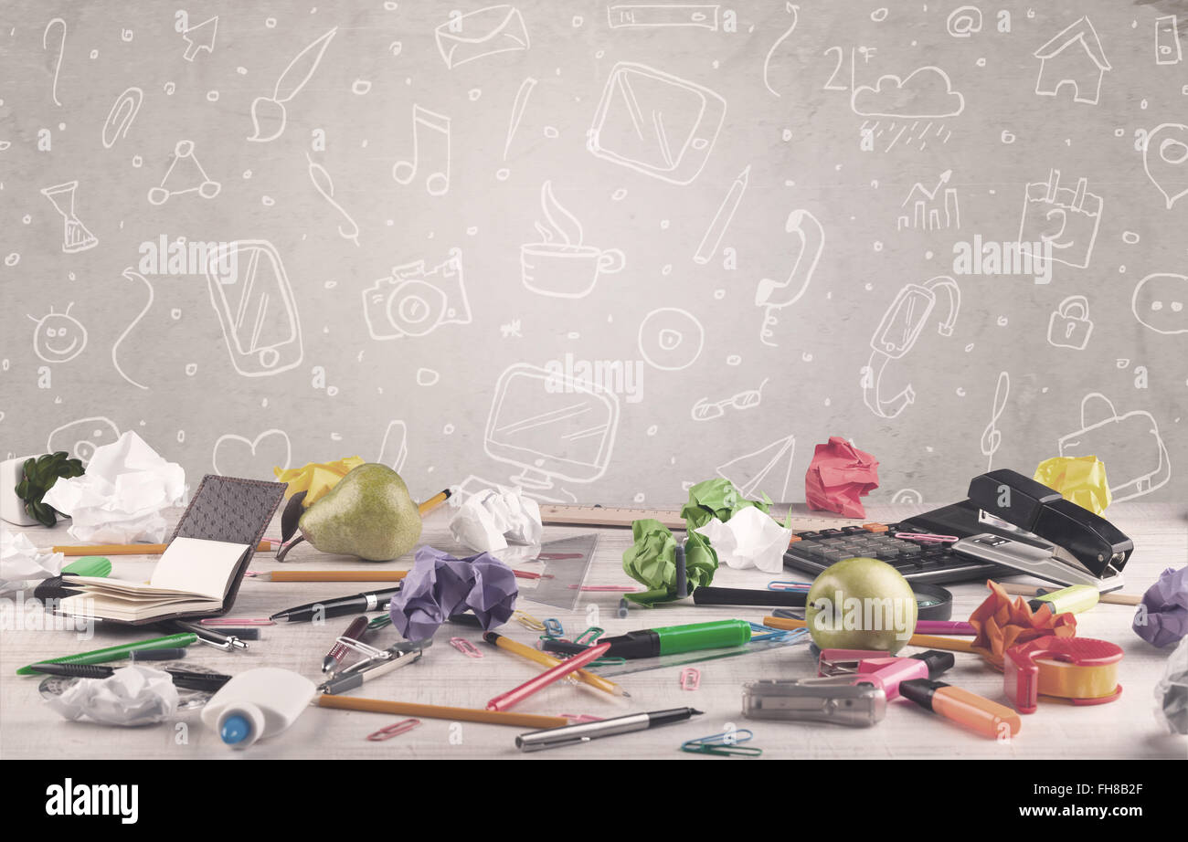Design office desk with drawings background Stock Photo - Alamy