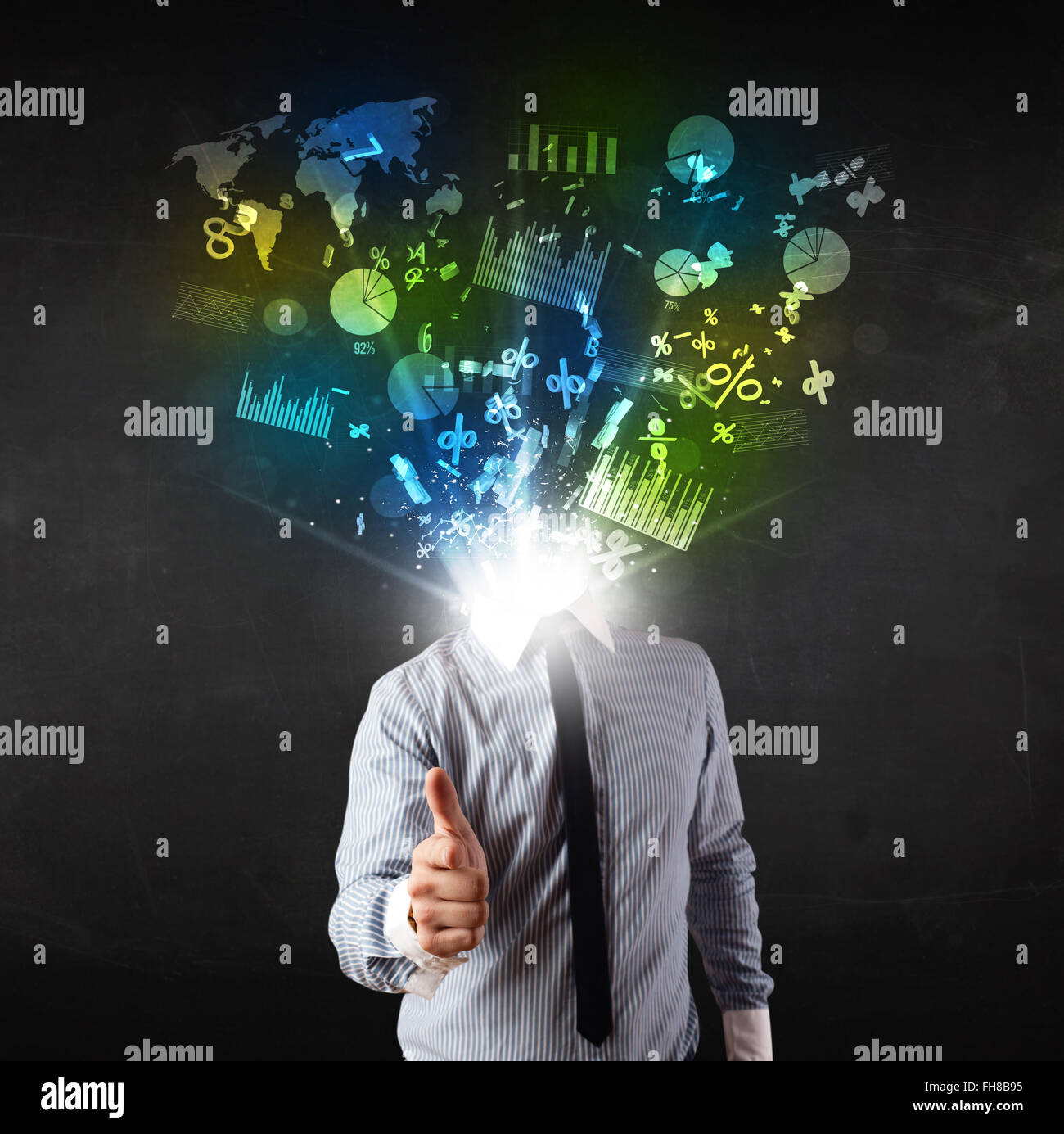 Business man in suit with graph and charts exploding from his body ...