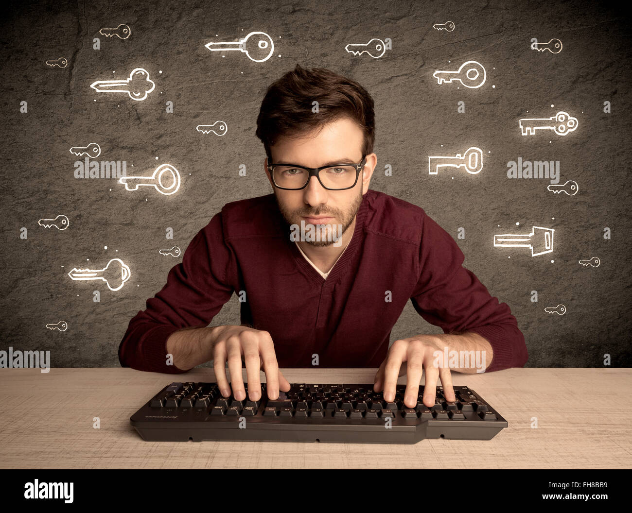 Hacker nerd guy with drawn password keys Stock Photo - Alamy