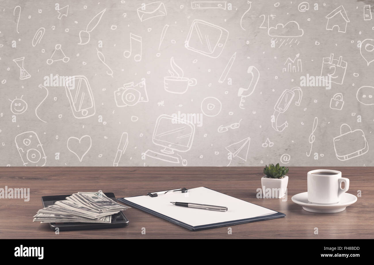 Design office desk with drawings background Stock Photo - Alamy