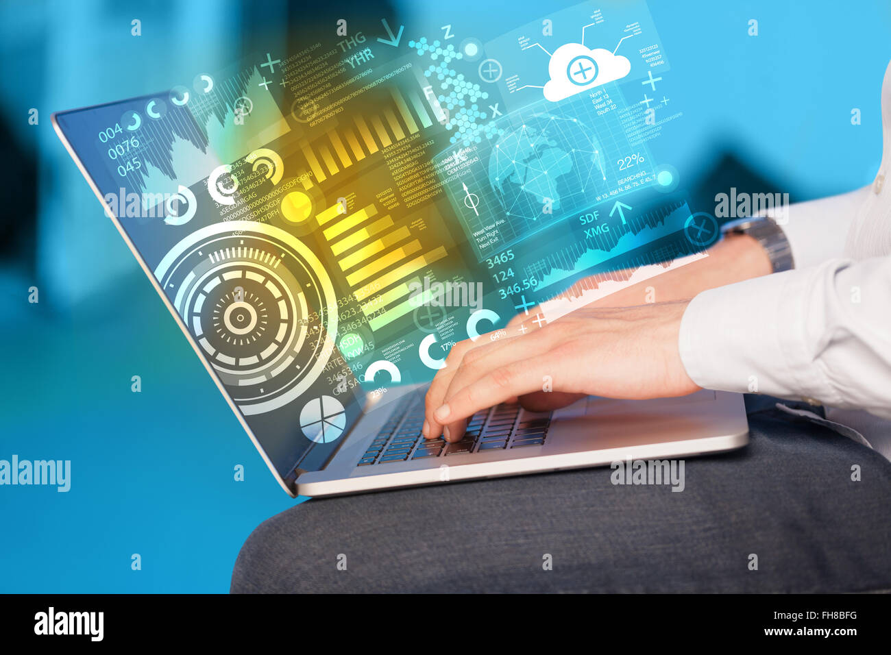 Modern notebook computer with future technology symbols Stock Photo - Alamy
