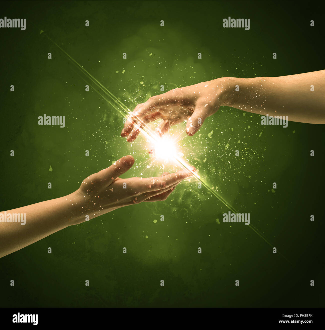Touching arms lighting spark at fingertip Stock Photo - Alamy