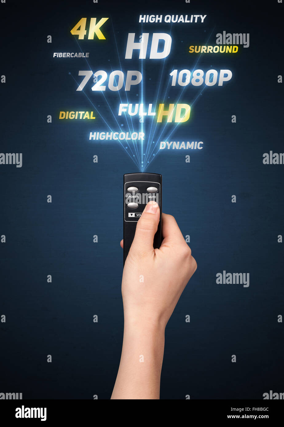 Hand with remote control and multimedia properties Stock Photo - Alamy