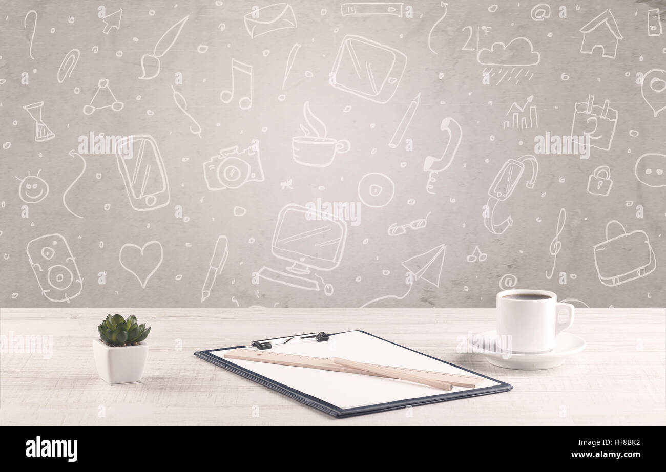 Design office desk with drawings background Stock Photo - Alamy