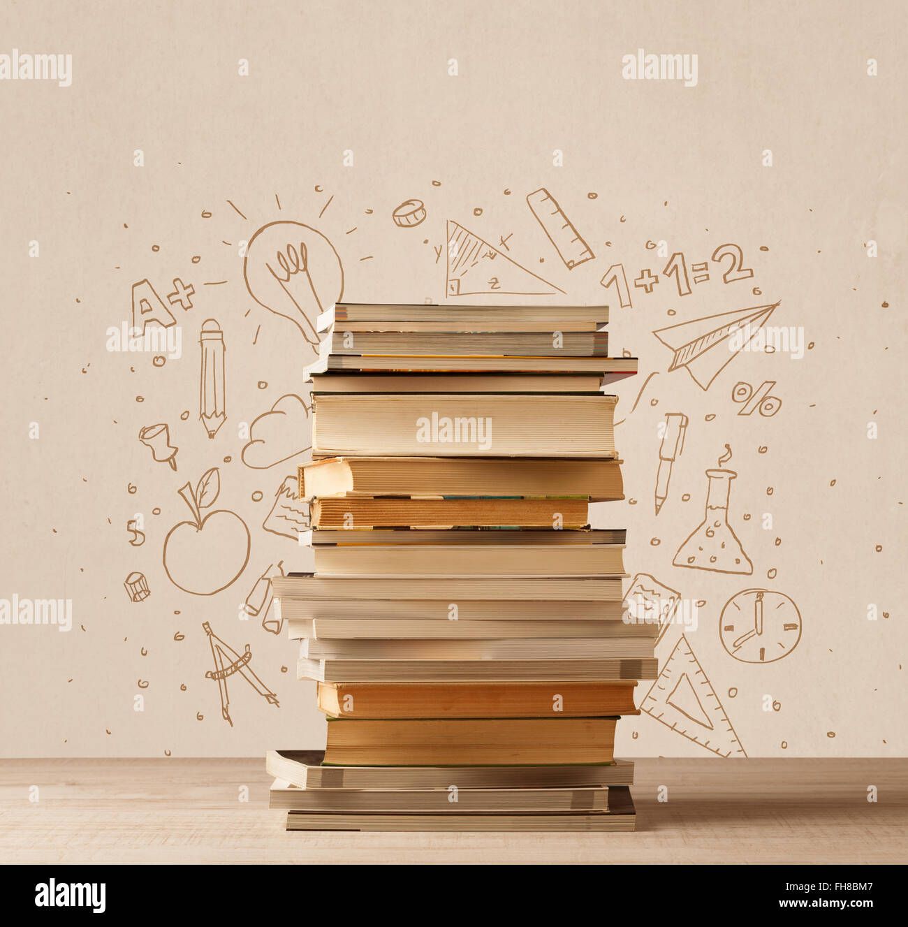 A pile of books on table with school hand drawn doodle sketches Stock ...