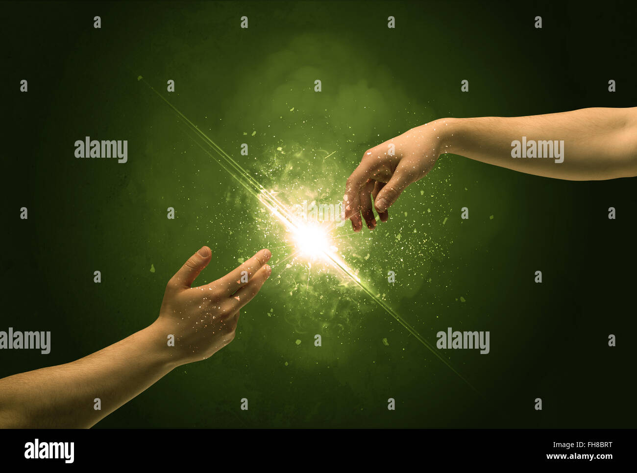 Touching arms lighting spark at fingertip Stock Photo - Alamy