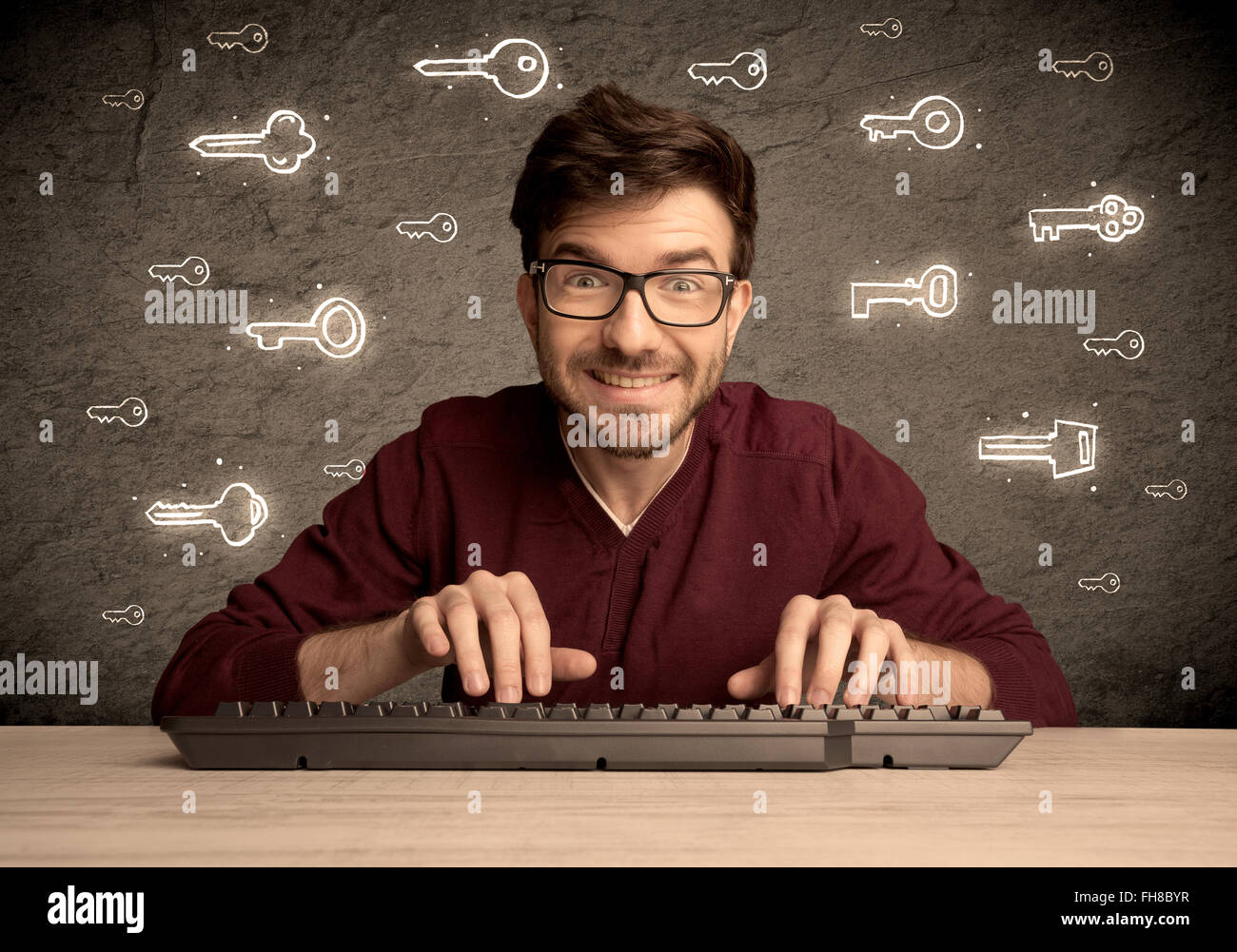 Hacker nerd guy with drawn password keys Stock Photo - Alamy