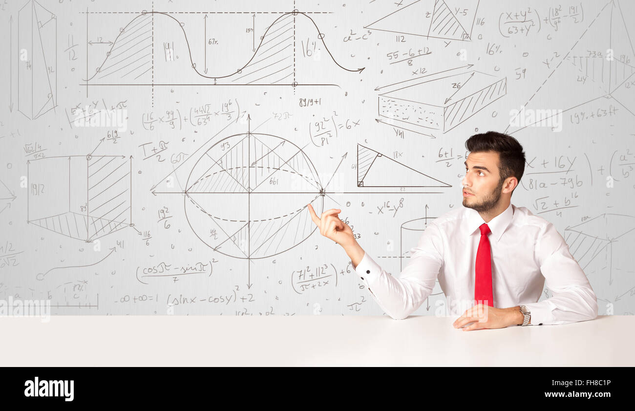 Businessman with business calculations background Stock Photo - Alamy