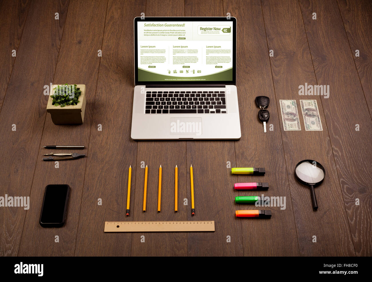 Business table with notebook computer and office accessories Stock ...