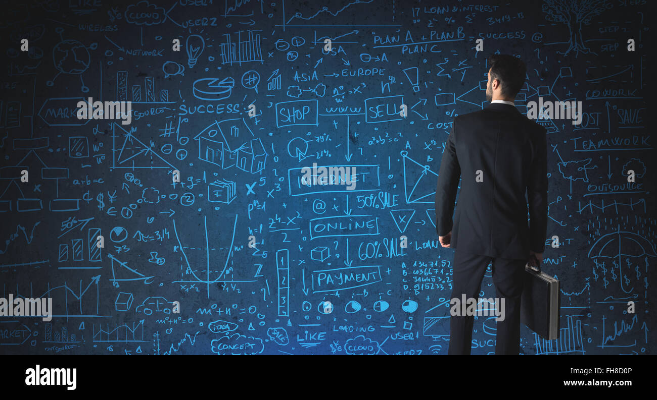 Drawing businessman with economy project background Stock Photo - Alamy