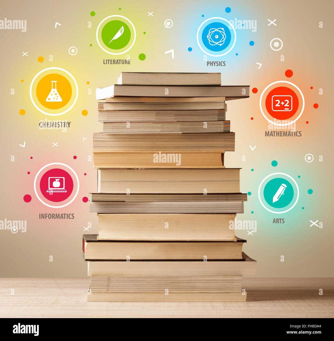 Books on top with colorful symbols on vintage background Stock Photo ...
