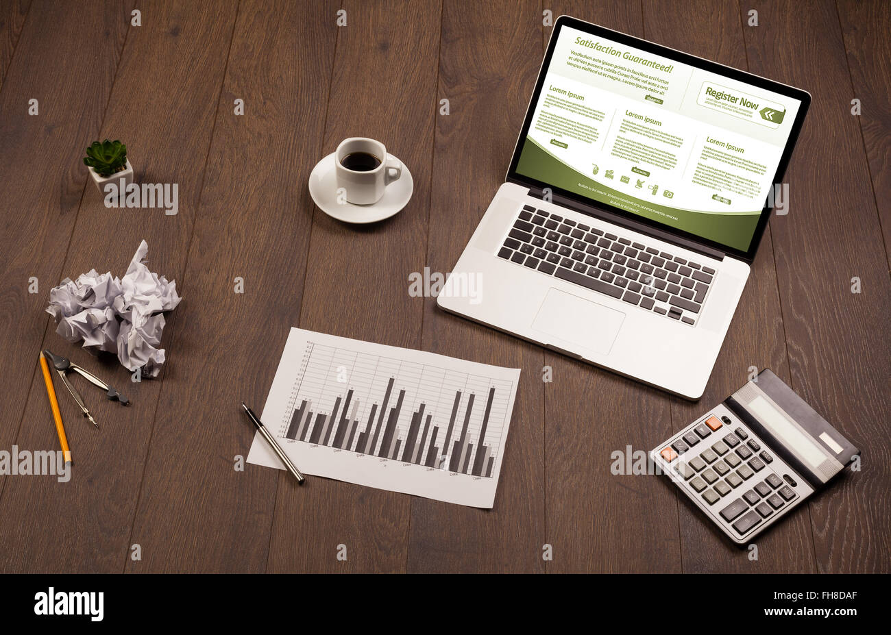 Business table with notebook computer and office accessories Stock ...