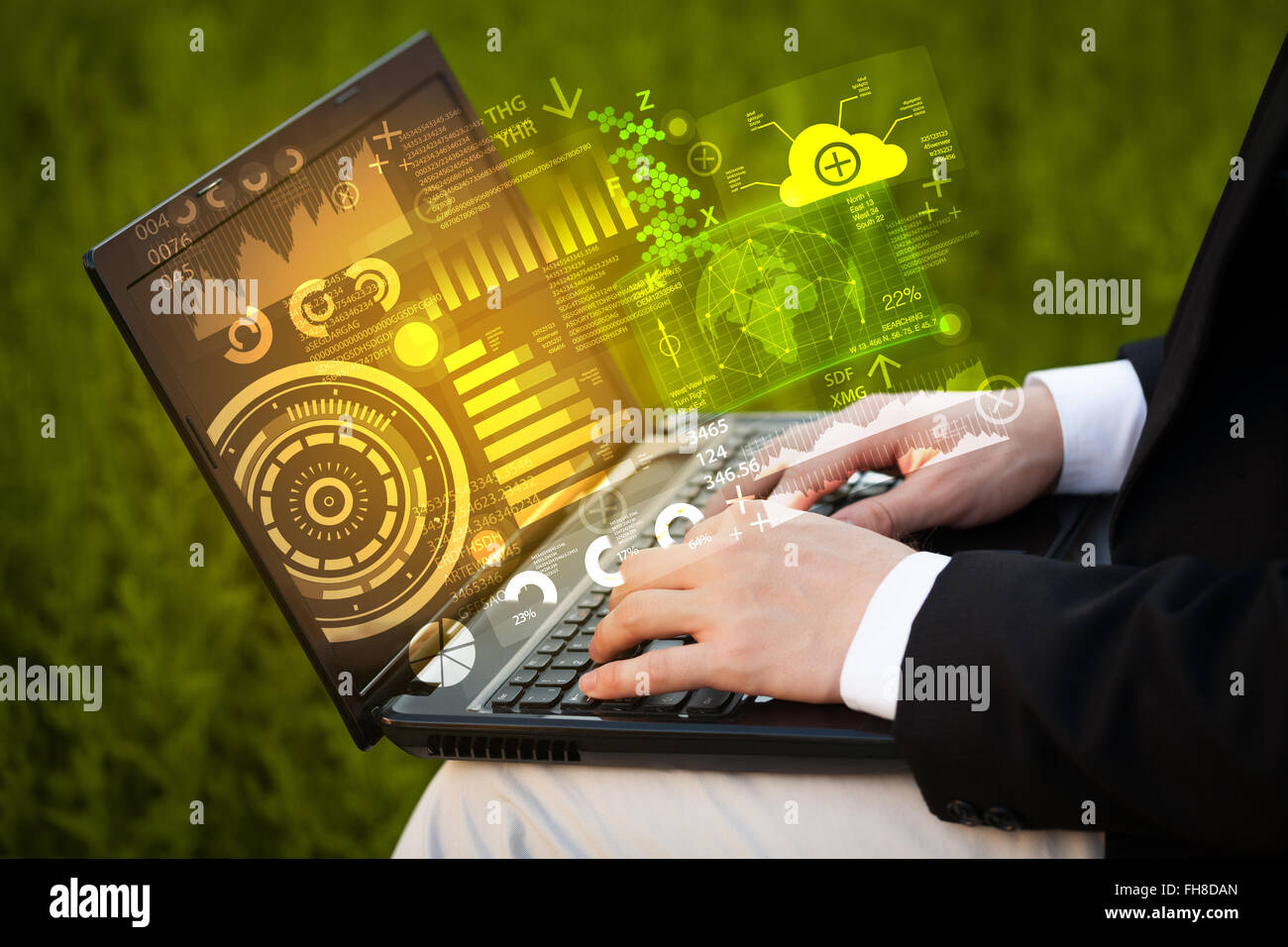 Modern notebook computer with future technology symbols Stock Photo - Alamy