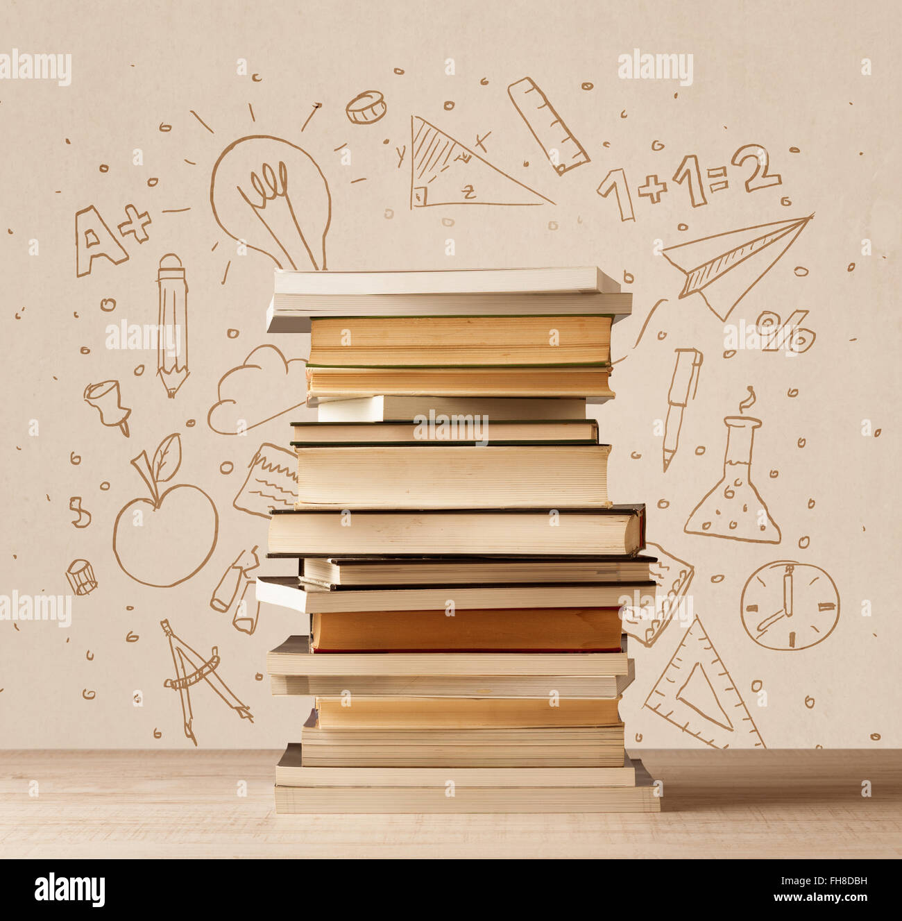 A pile of books on table with school hand drawn doodle sketches Stock ...