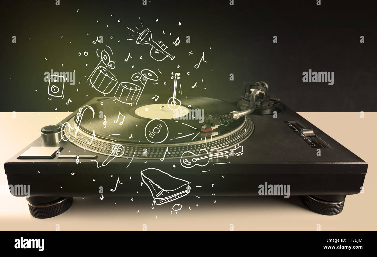 Turntable playing classical music with icon drawn instruments Stock ...