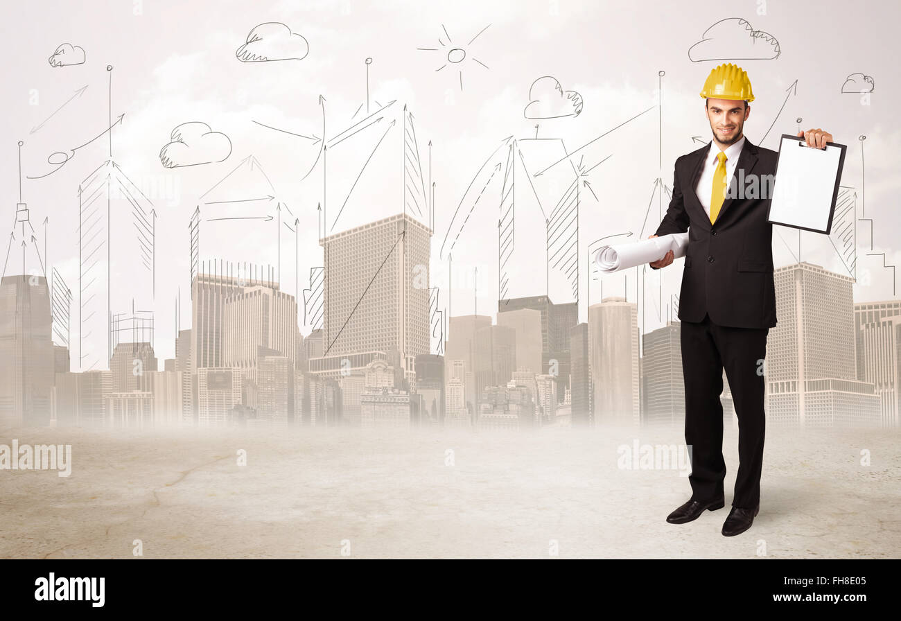 Business engineer planing at construction site with city background ...