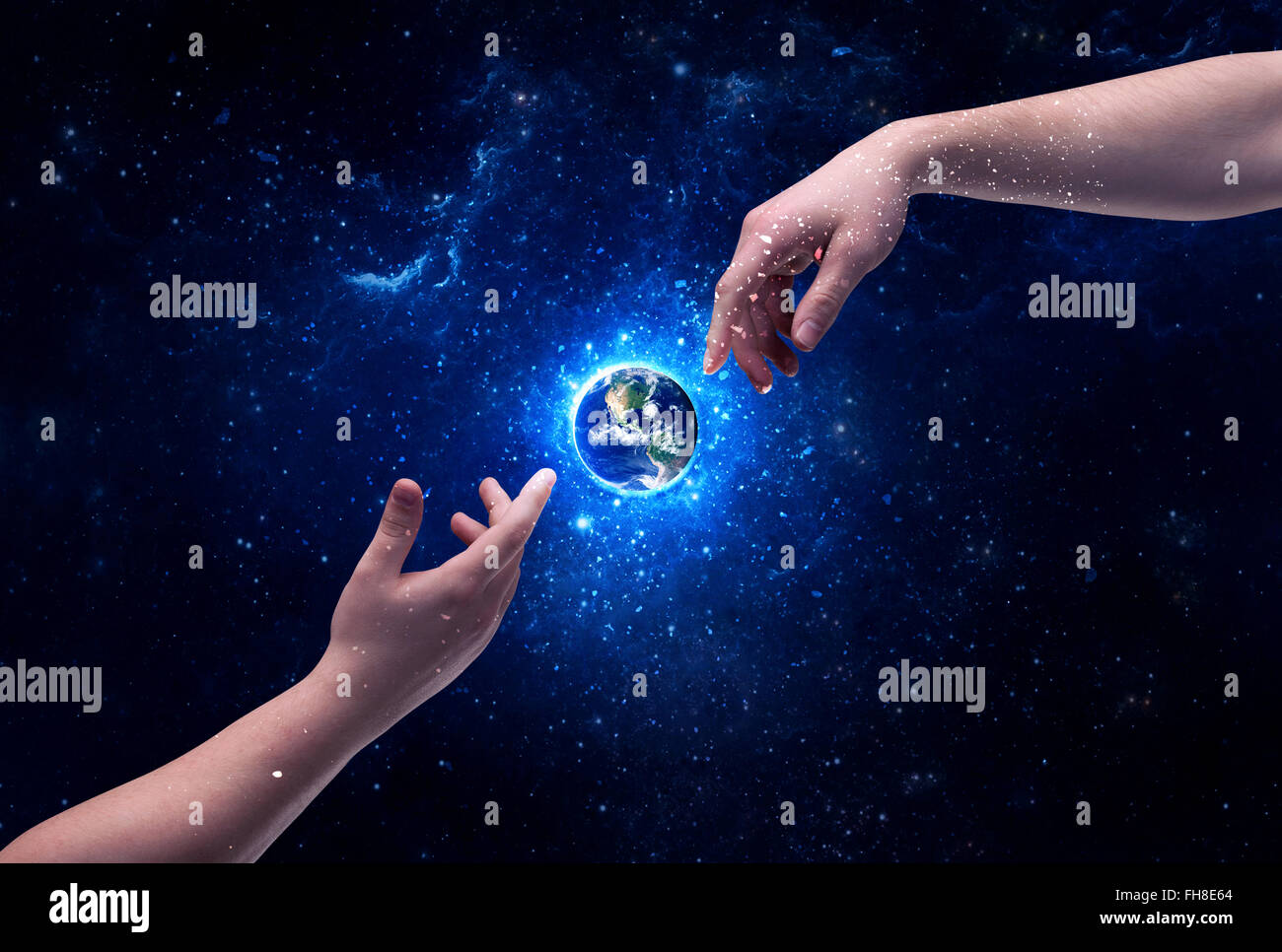 Hands in space touching planet earth Stock Photo - Alamy