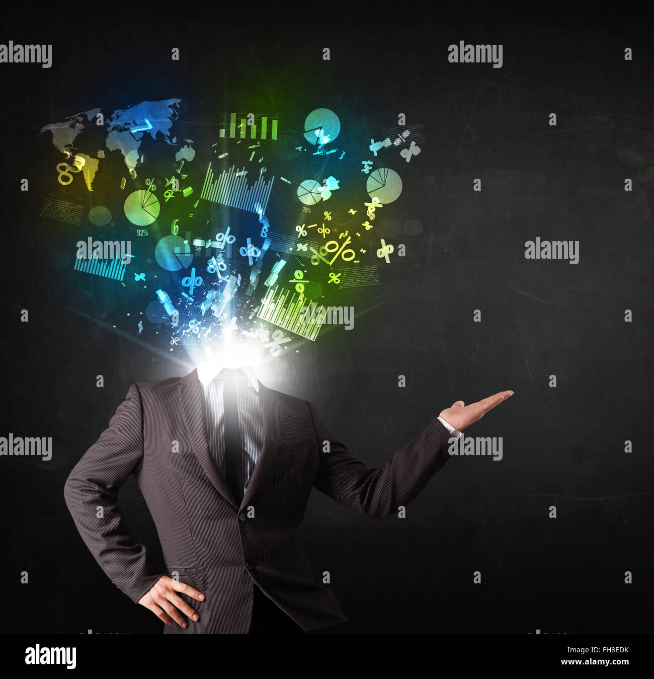 Business man in suit with graph and charts exploding from his body ...