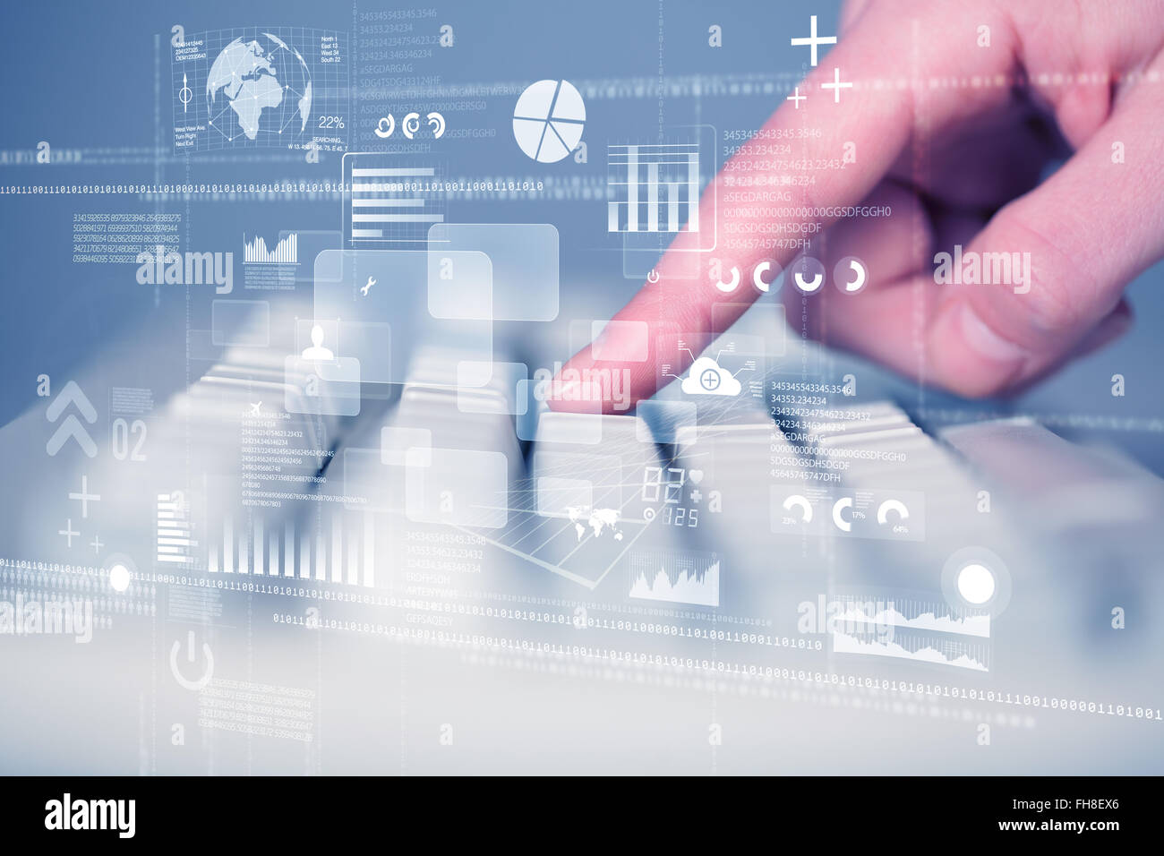 Keyboard buttons pressed by hand with high tech icons Stock Photo - Alamy