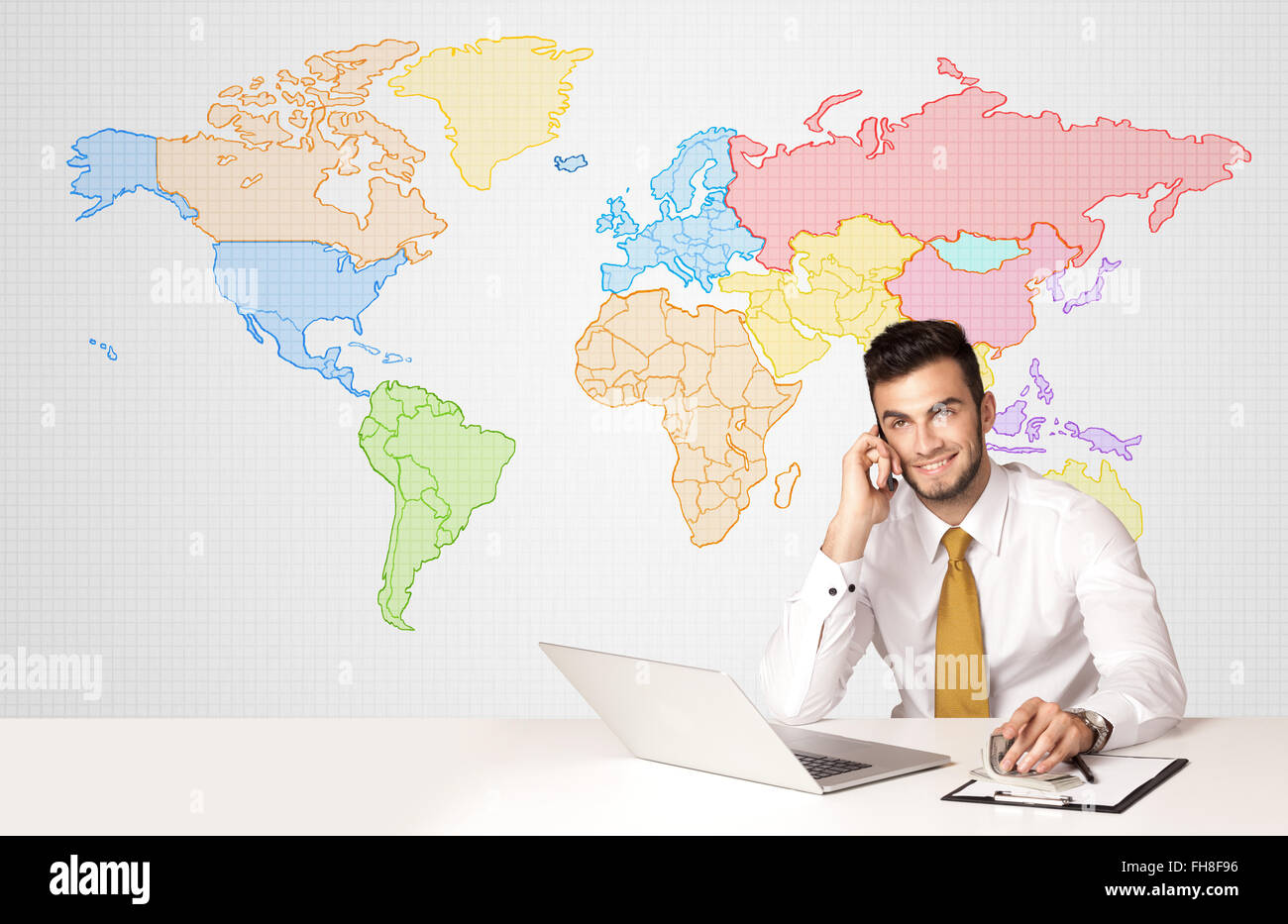 Business man with colorful world map background Stock Photo - Alamy