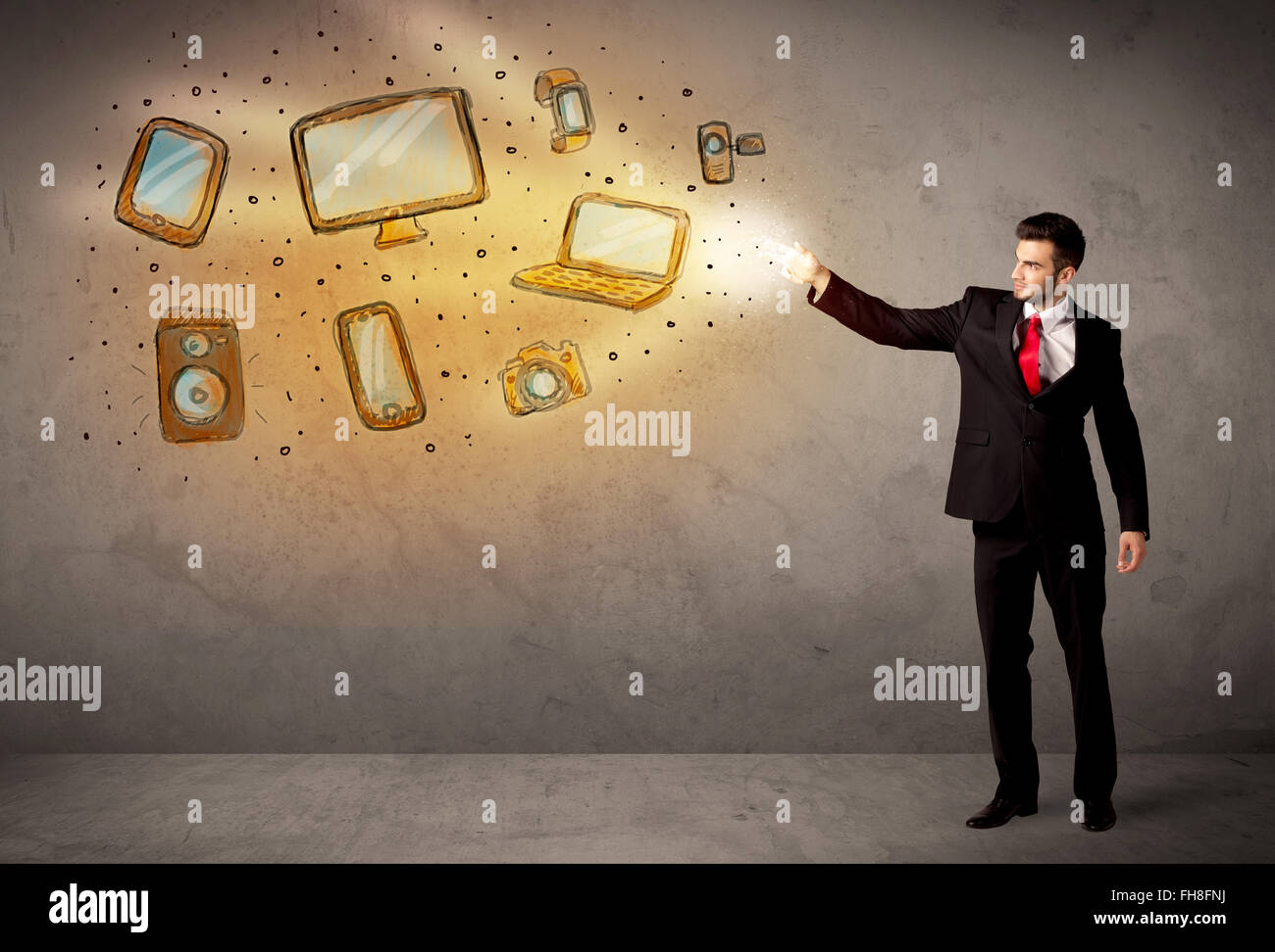 Man throwing hand drawn electronical devices Stock Photo - Alamy