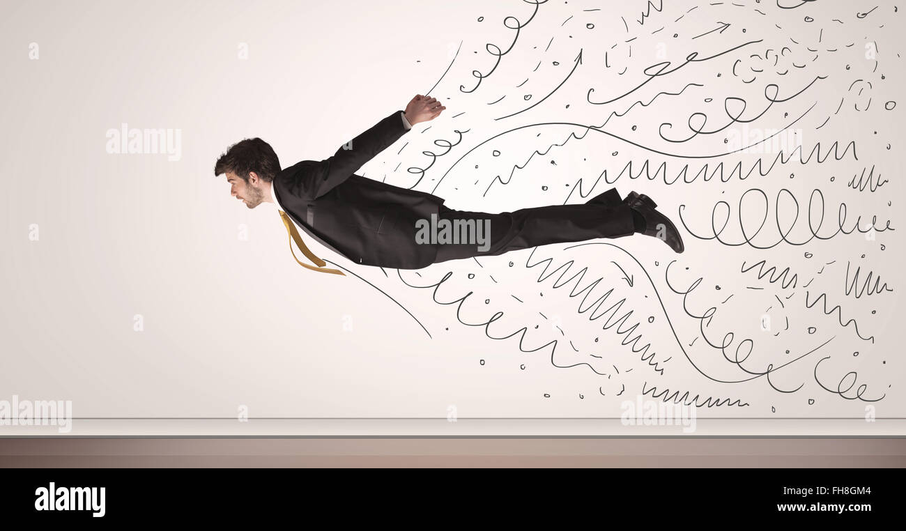 Business man flying with hand drawn lines comming out Stock Photo - Alamy