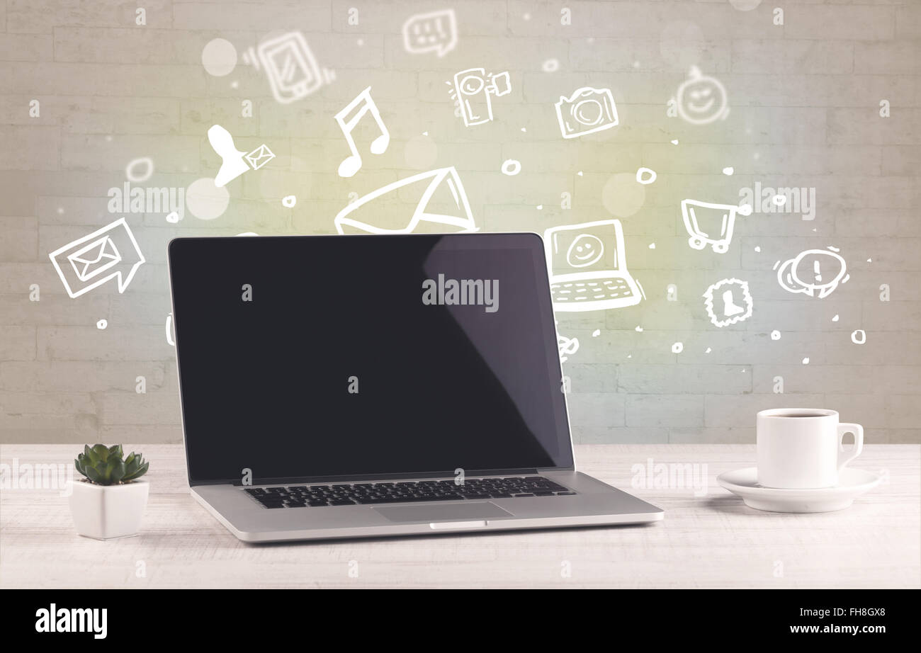 Office desk with communication icons Stock Photo - Alamy