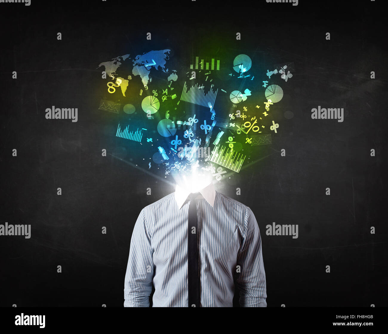 Business man in suit with graph and charts exploding from his body ...