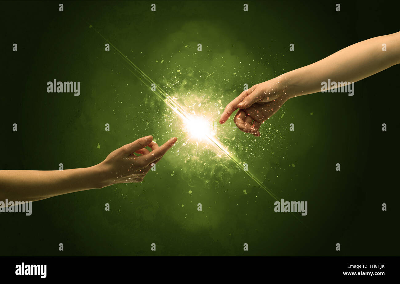 Touching arms lighting spark at fingertip Stock Photo - Alamy