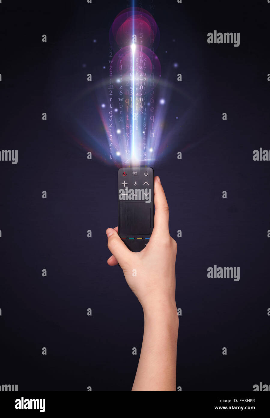Hand with remote control and shining numbers Stock Photo - Alamy