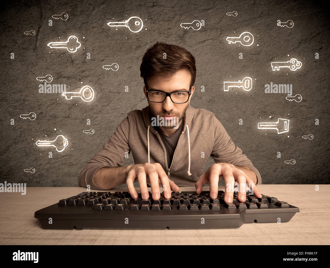Hacker nerd guy with drawn password keys Stock Photo - Alamy