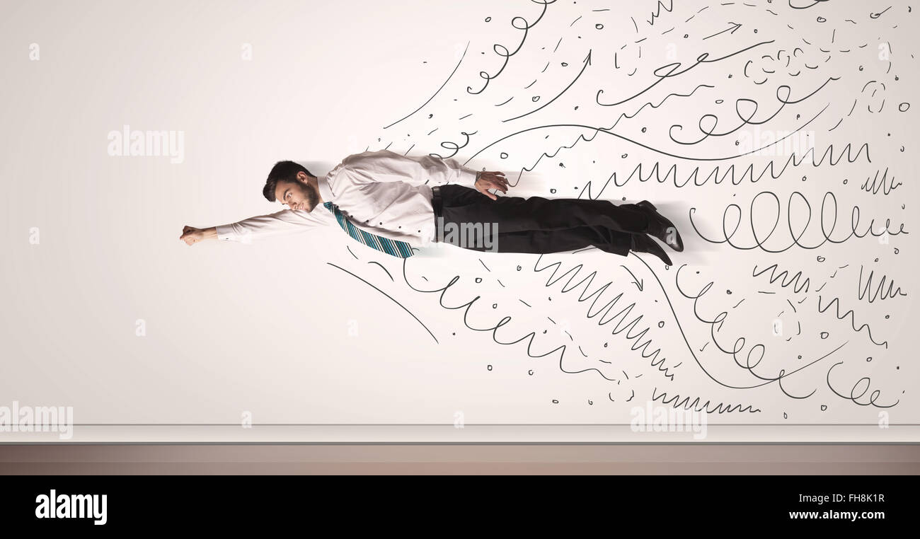 Business man flying with hand drawn lines comming out Stock Photo - Alamy