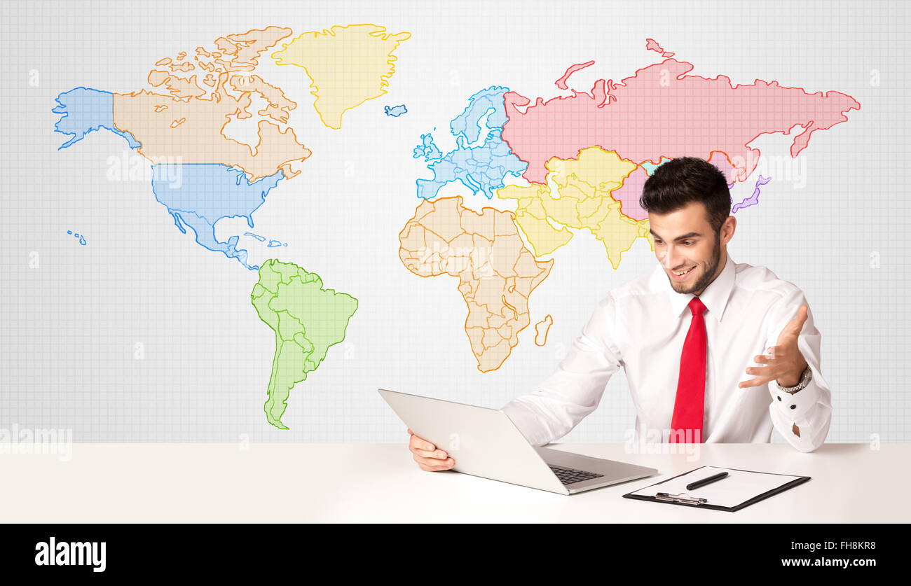 Business man with colorful world map background Stock Photo - Alamy