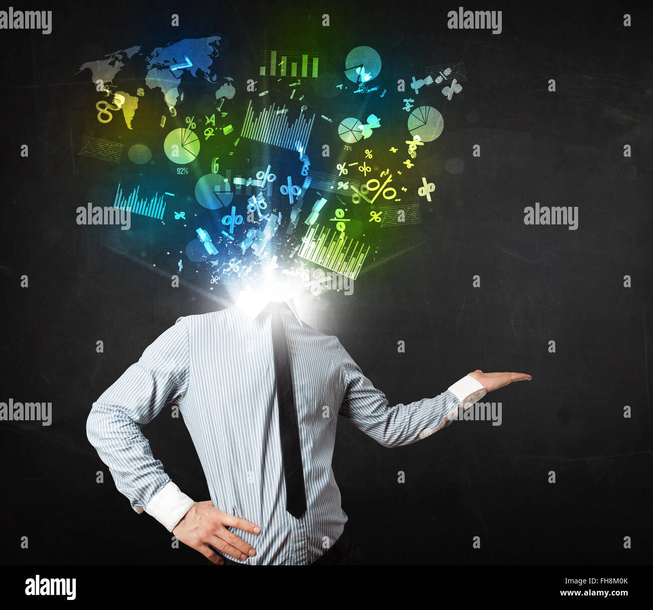 Business man in suit with graph and charts exploding from his body ...