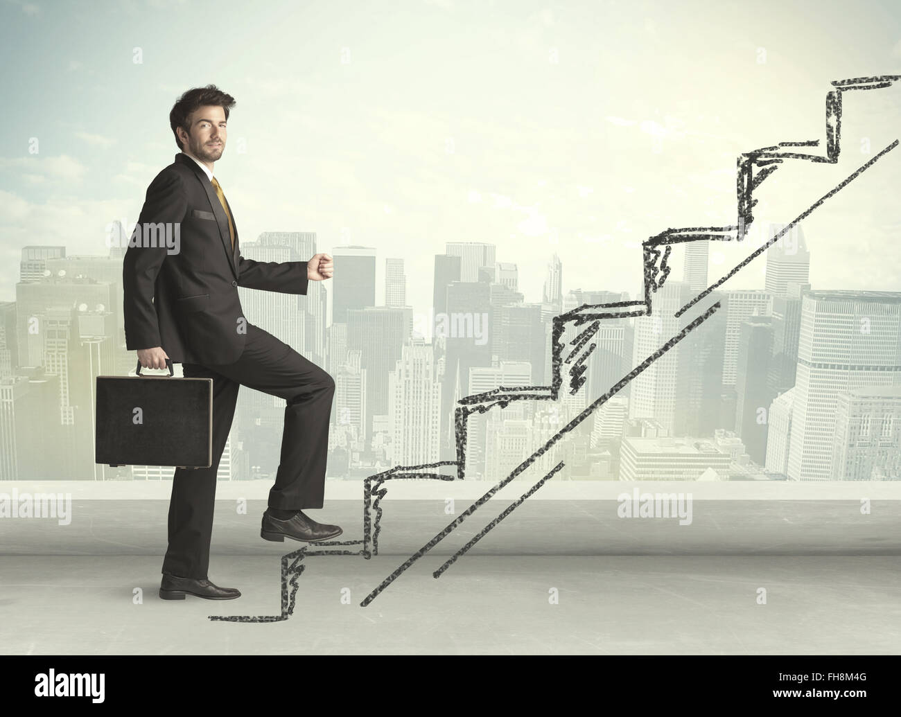 Business man climbing up on hand drawn staircase concept Stock Photo ...