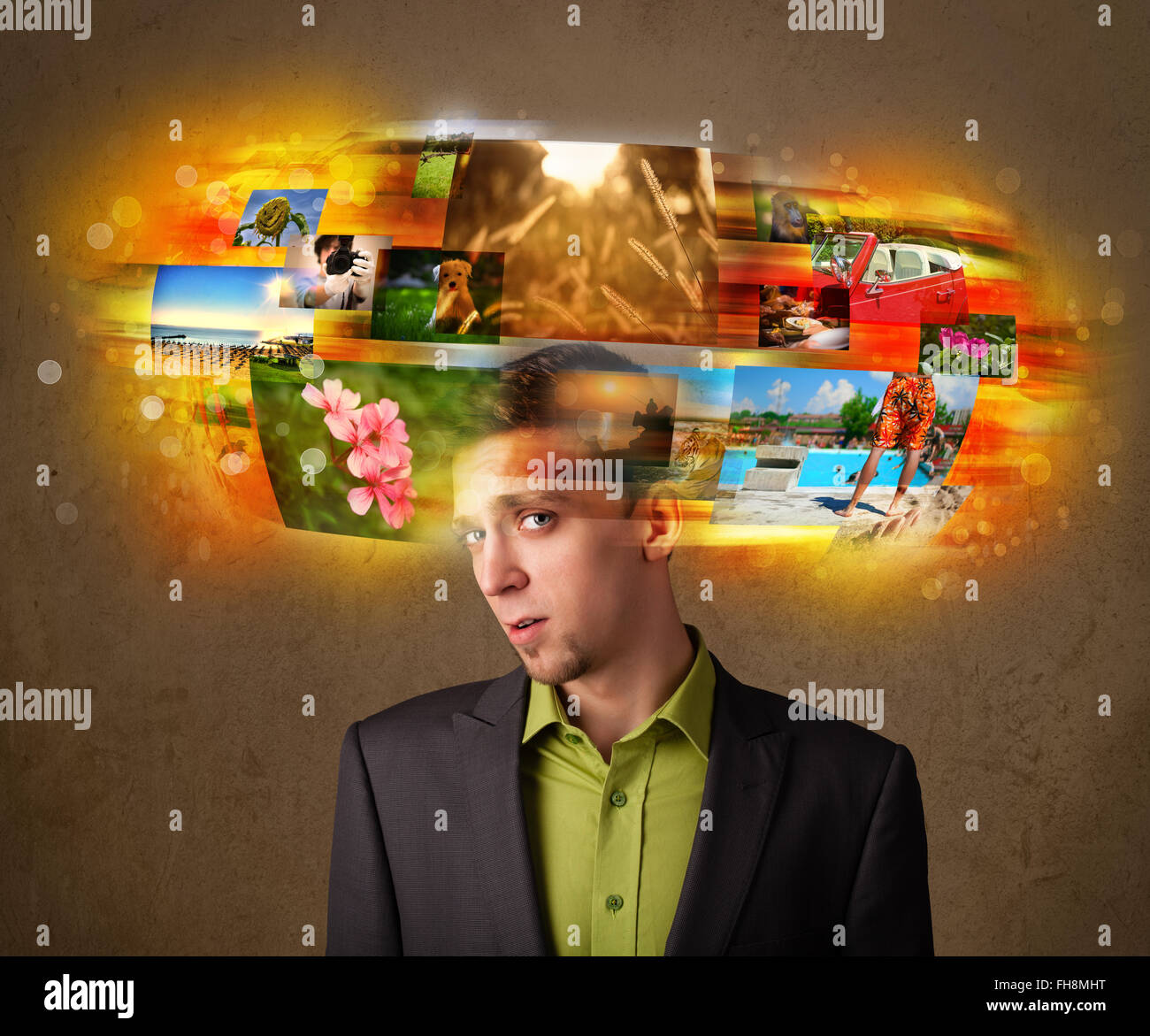 man with colorful glowing photo memories concept Stock Photo - Alamy