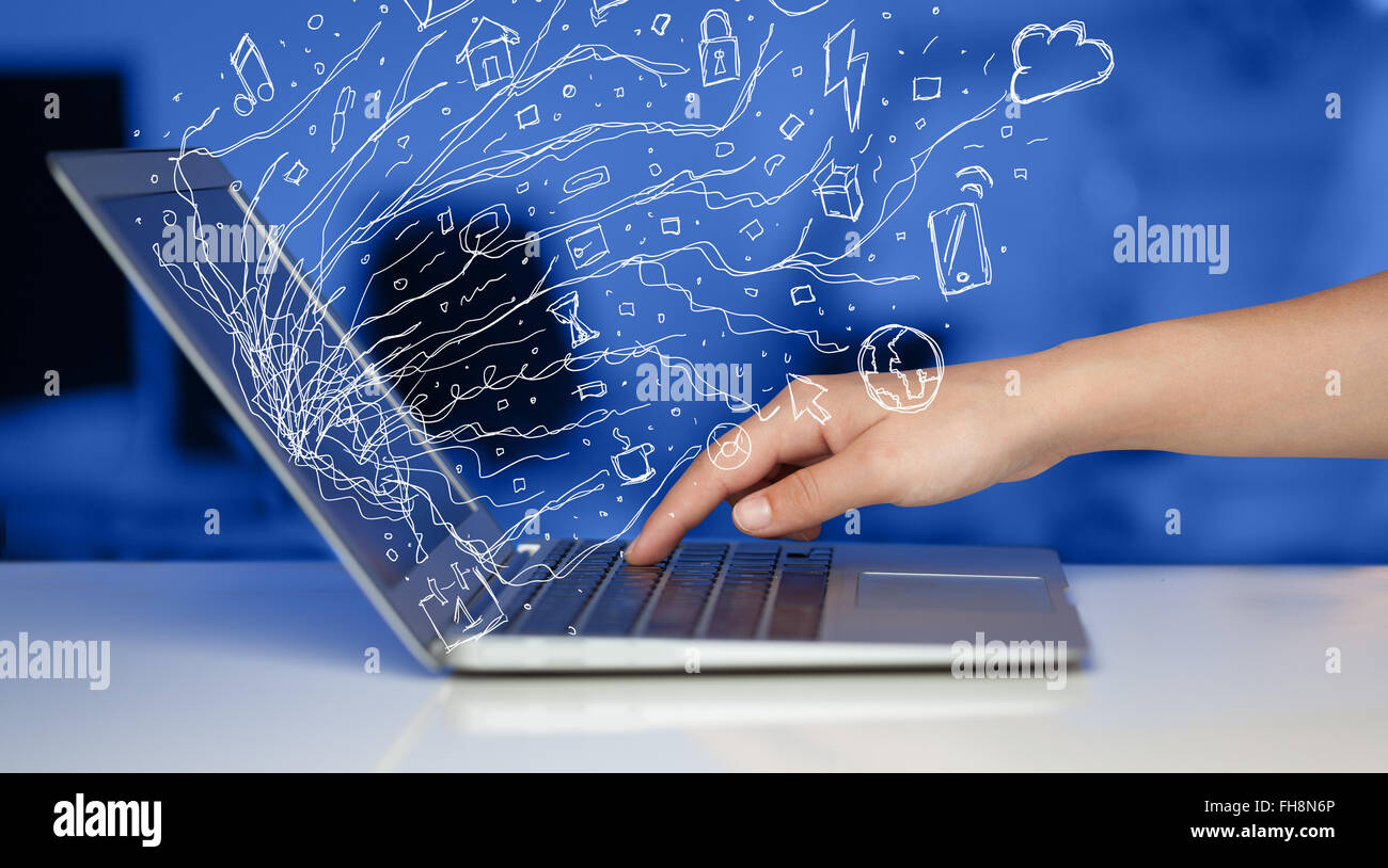 Man pressing notebook laptop computer with doodle icon cloud symbols ...