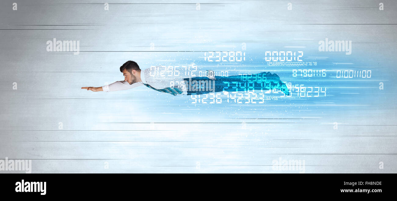 Businessman flying super fast with data numbers left behind Stock Photo ...