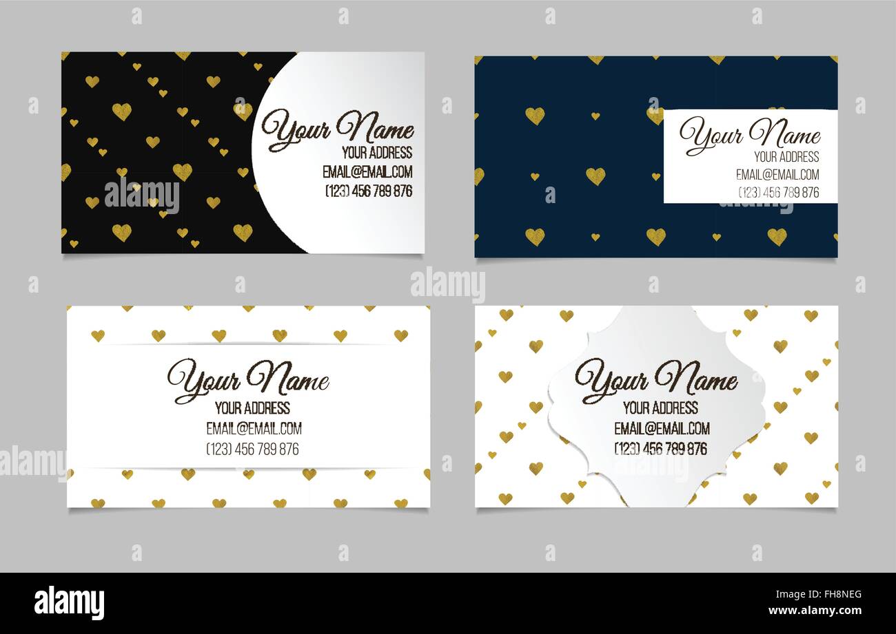 Business card template or visiting card set with golden foil heart ...