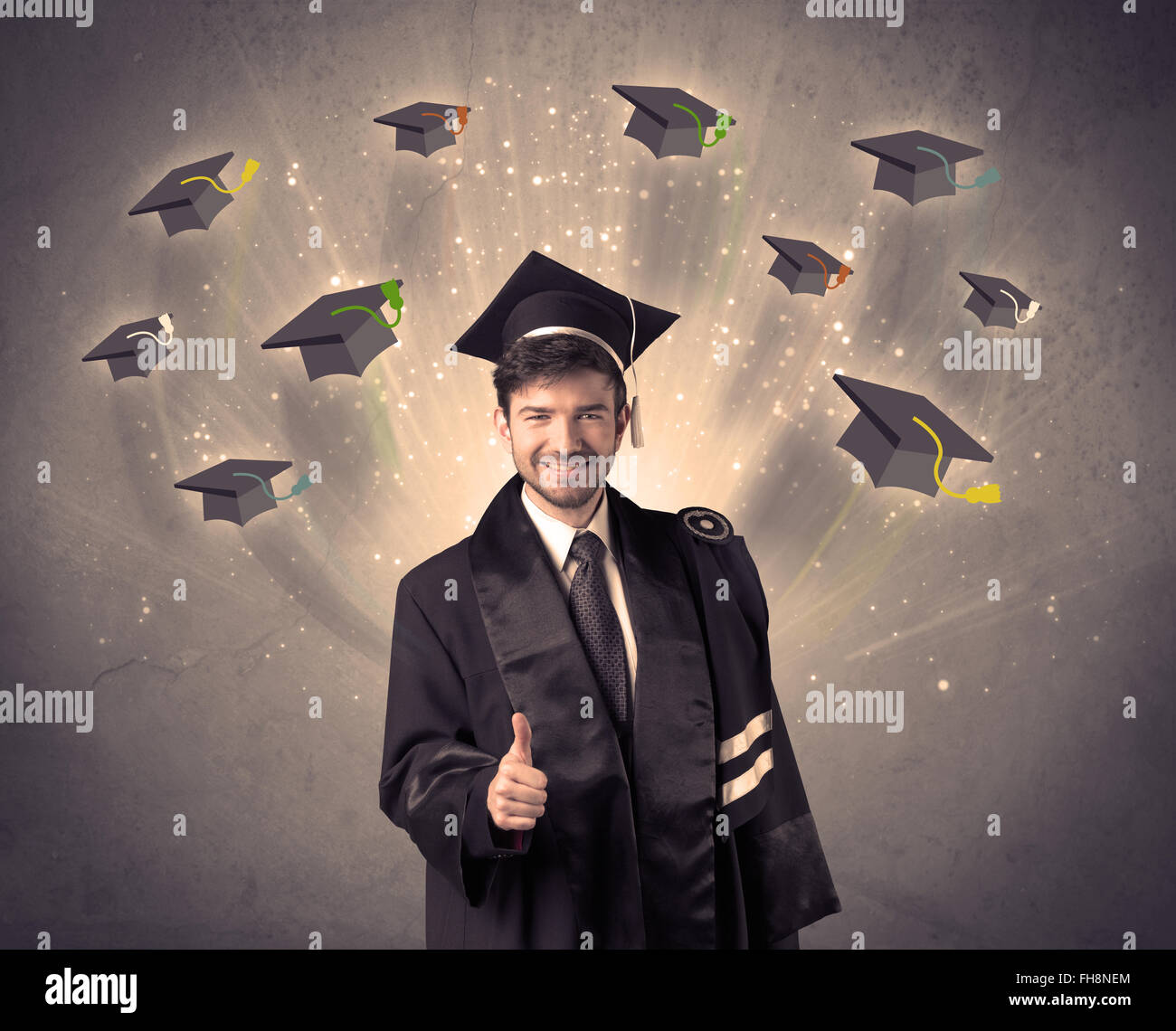 College graduate with many flying hats Stock Photo - Alamy