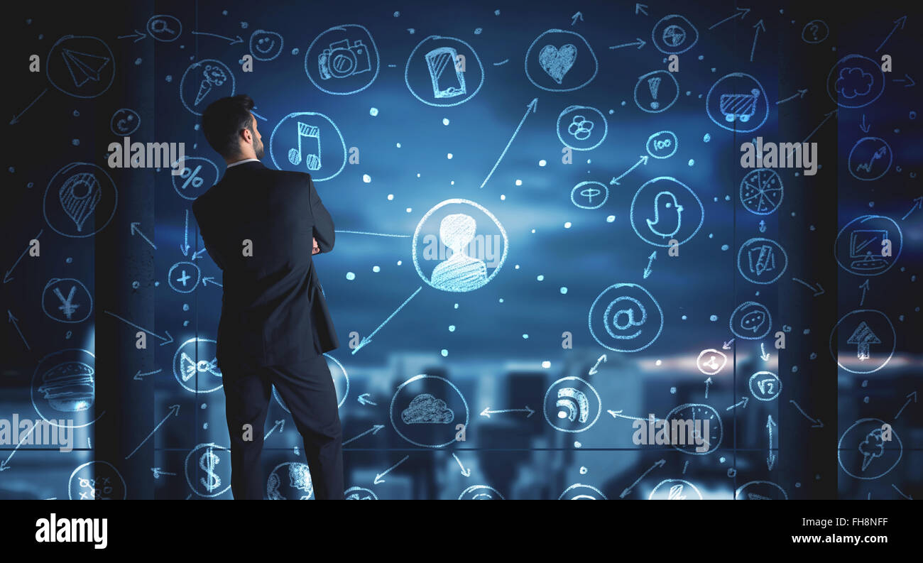 Businessman drawing social media connection scheme Stock Photo - Alamy