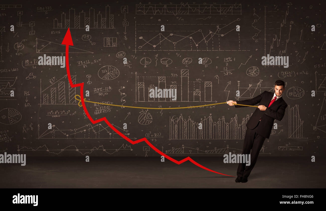 Businessman pulling a red arrow upright with a rope Stock Photo - Alamy