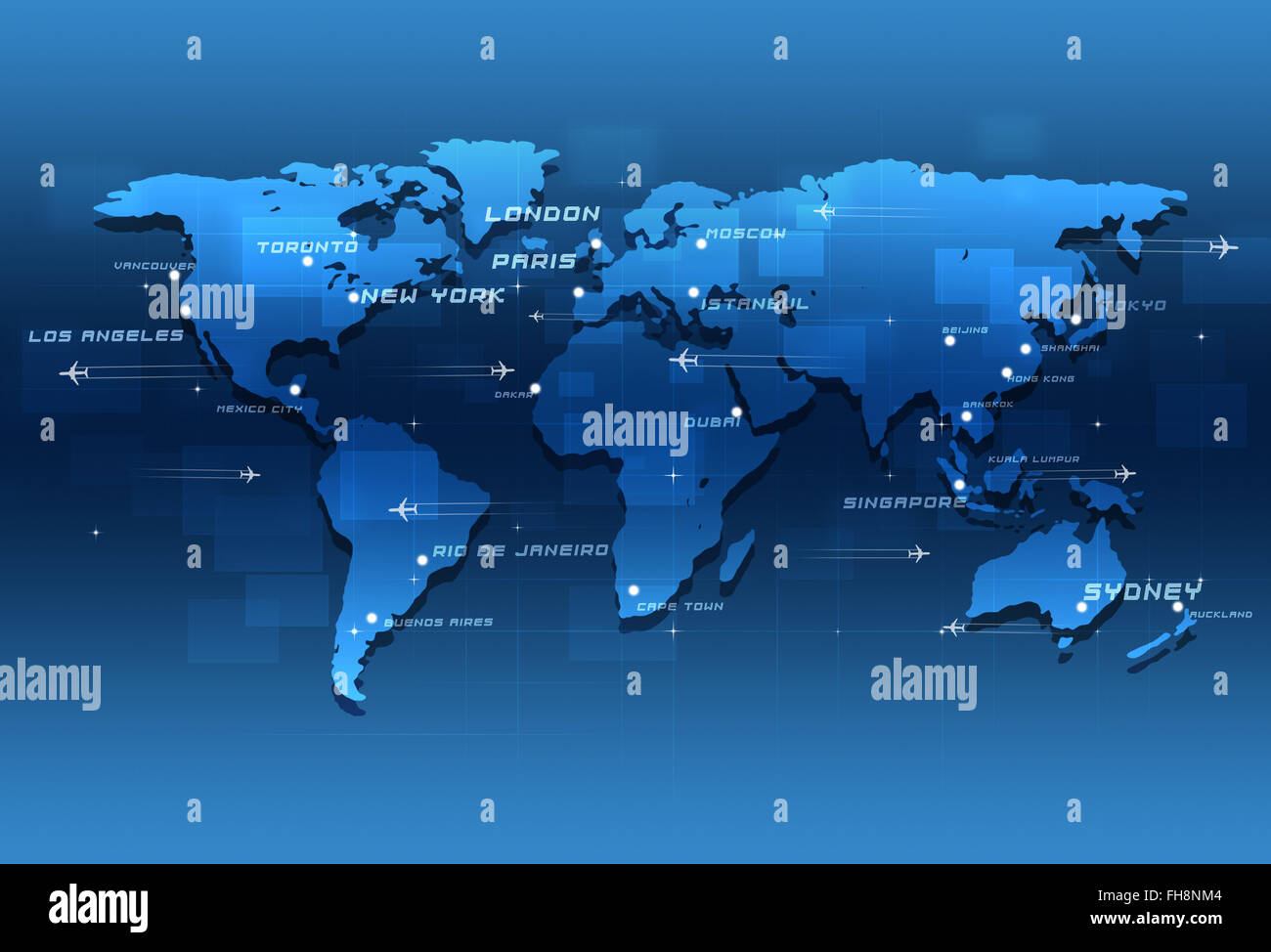 aviation background with planes over the map with major city names ...
