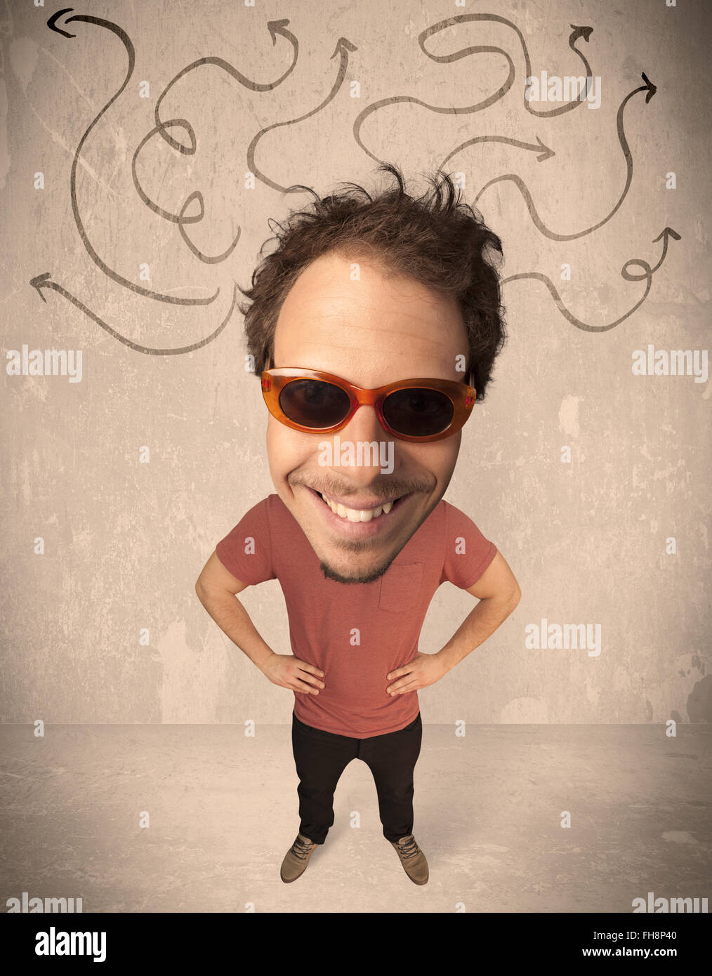 Big head person with arrows Stock Photo - Alamy