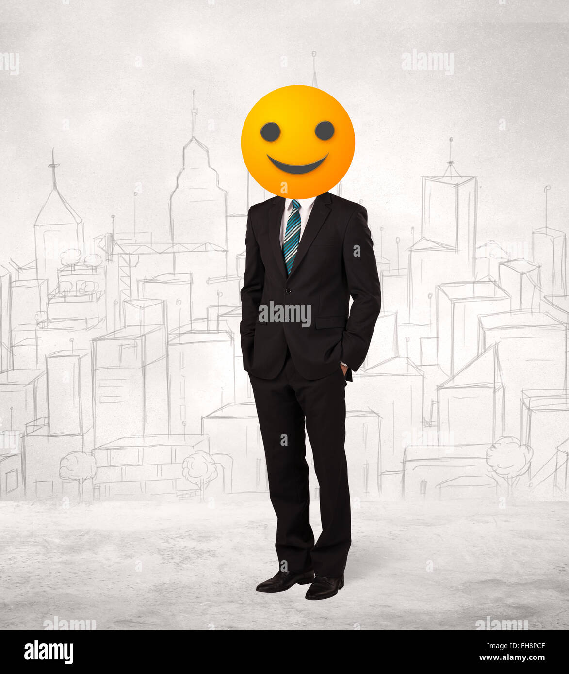 businessman wears yellow smiley face Stock Photo - Alamy