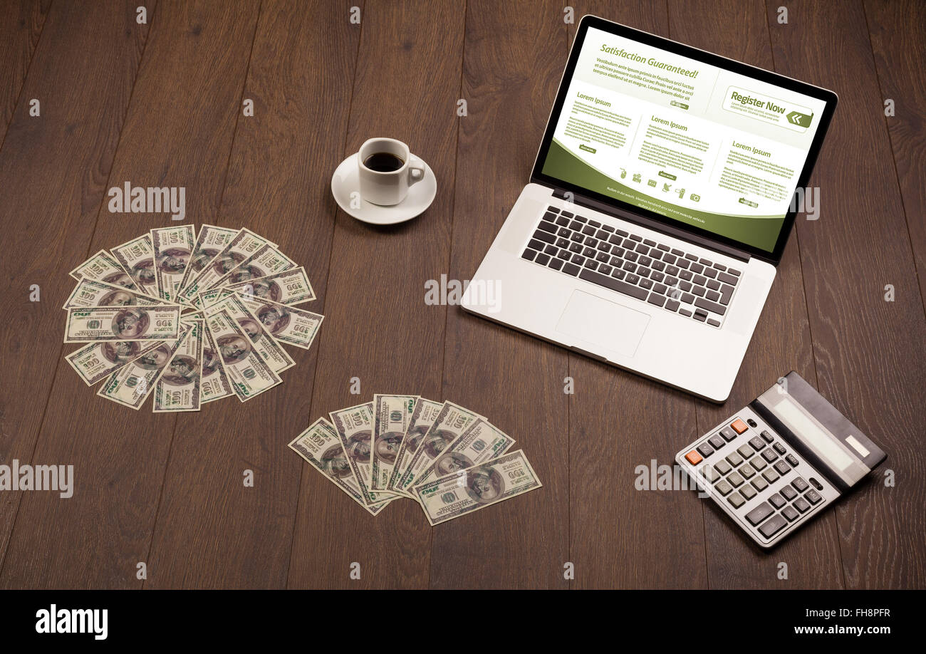 Business table with notebook computer and office accessories Stock ...