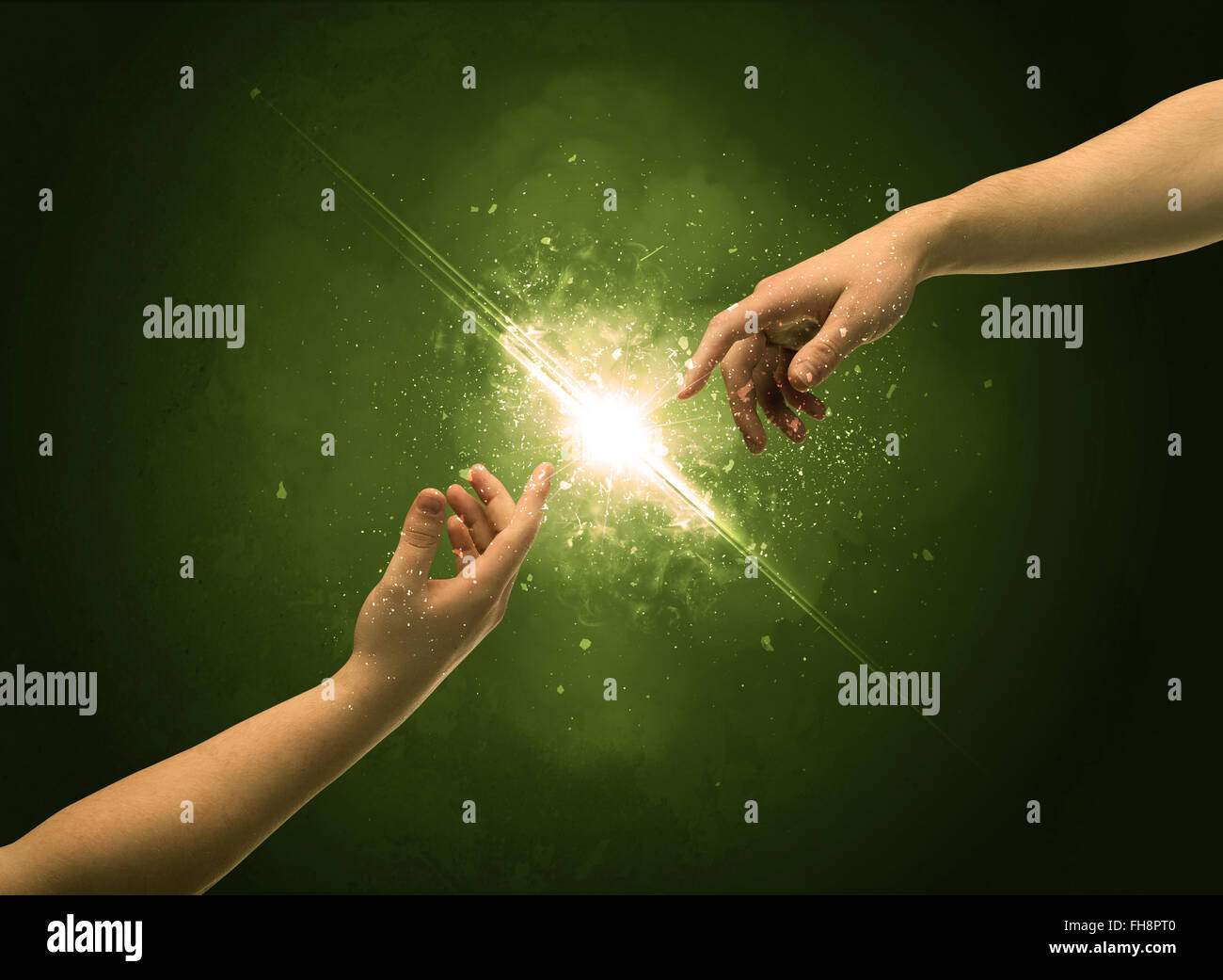Touching arms lighting spark at fingertip Stock Photo - Alamy
