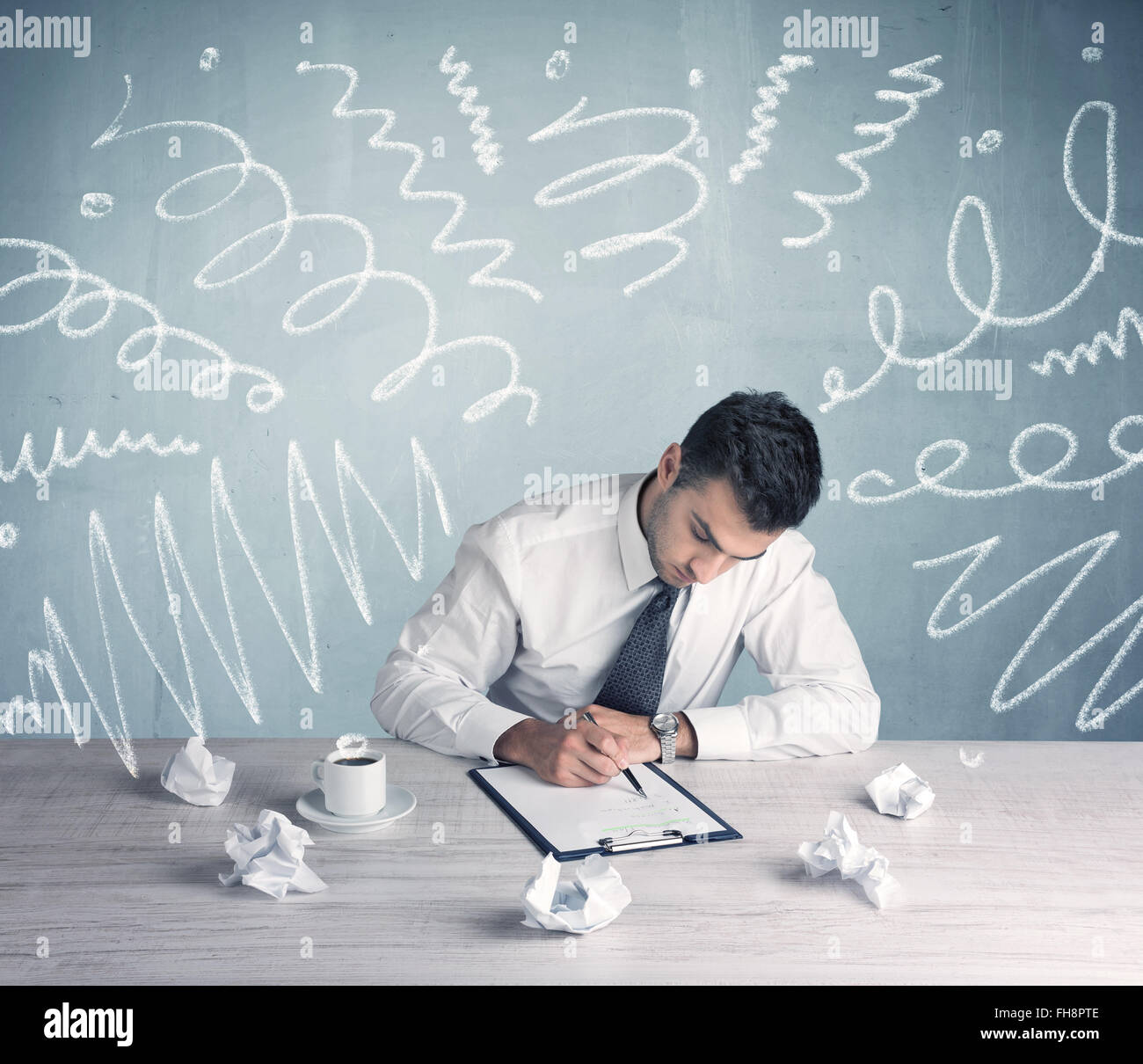 Tired office worker with drawn messy lines Stock Photo - Alamy
