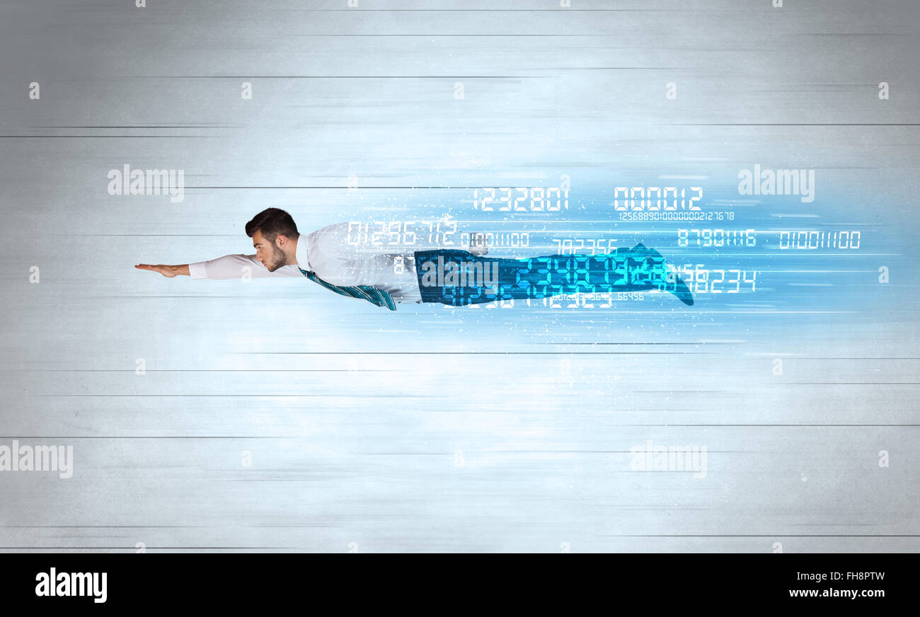 Businessman flying super fast with data numbers left behind Stock Photo ...